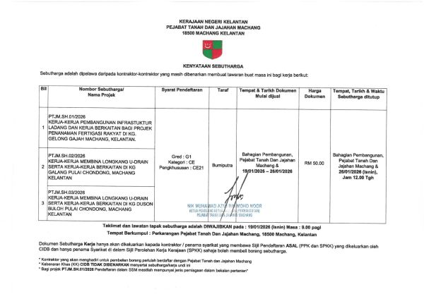 Pejabat Tanah Dan Jajahan Machang - Kenyataan Sebutharga Kerja-Kerja ...